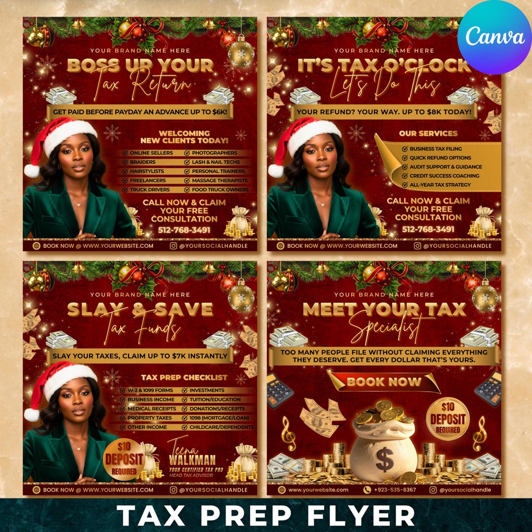 Christmas Tax Preparer Flyer Bundle, Holiday Tax Prep Canva Templates ...
