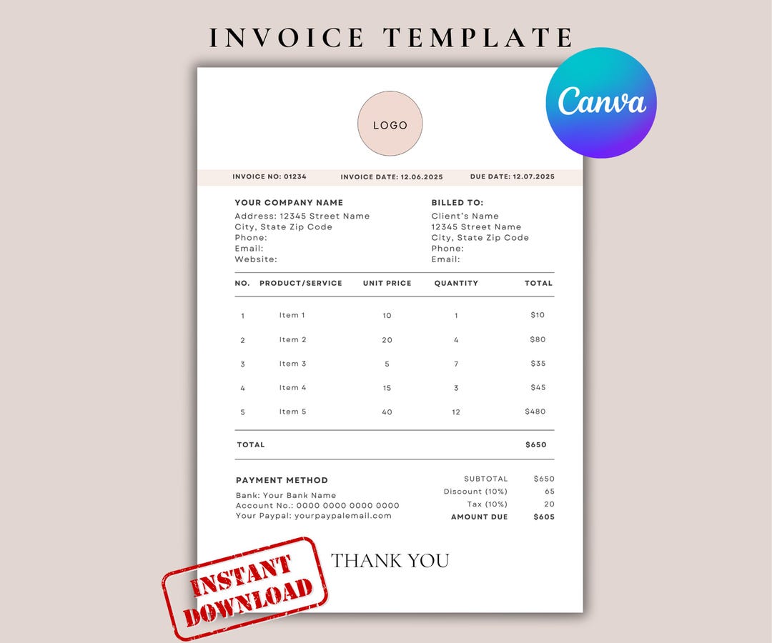 Social Media Invoice Template Canva, Editable Business Billing Form PDF ...