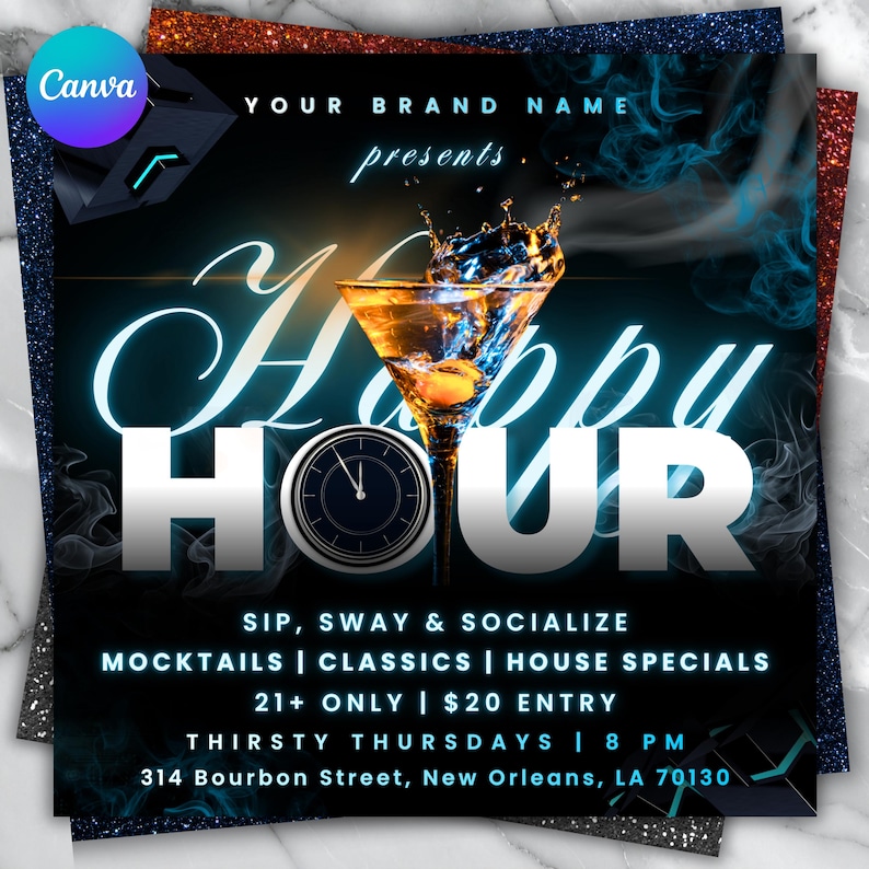 Happy Hour Flyer Template, Bar Promotions (canva Editable Digital ...