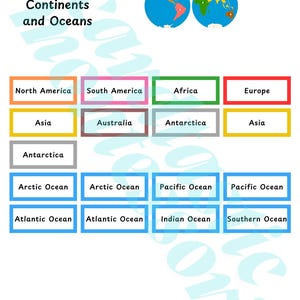 World/earth Continents and Oceans: Geography Labels for Montessori ...