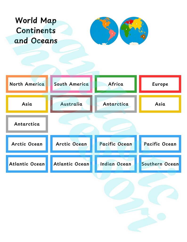 World/earth Continents and Oceans: Geography Labels for Montessori ...