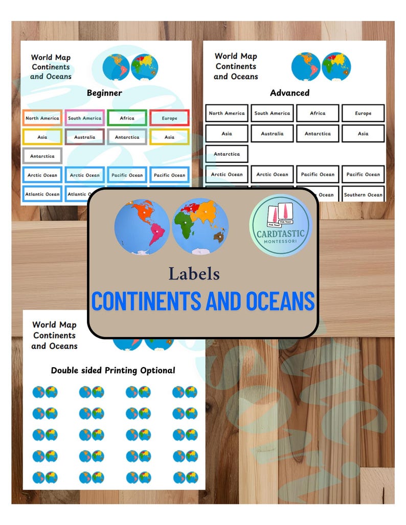 World/earth Continents and Oceans: Geography Labels for Montessori ...