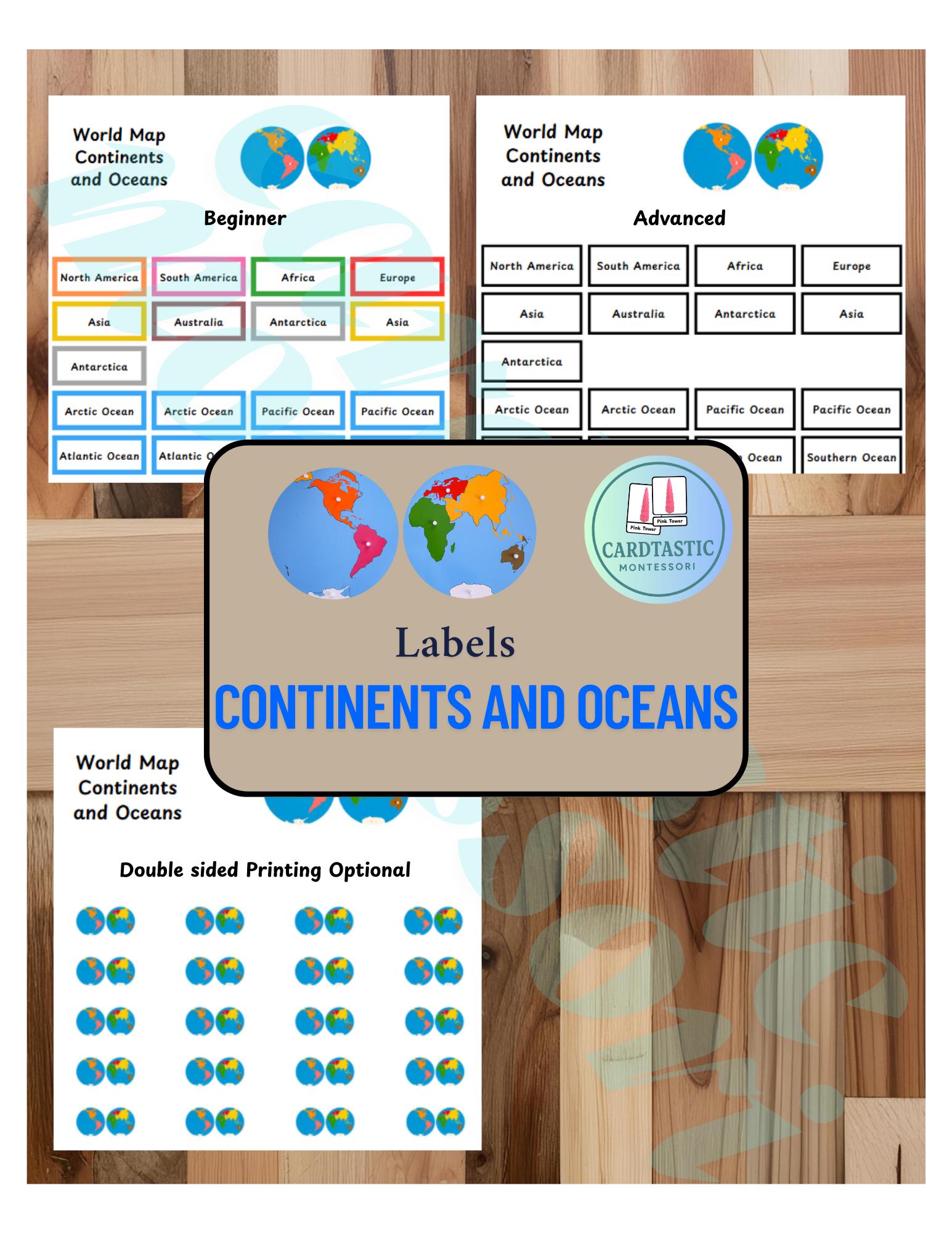 World/earth Continents and Oceans: Geography Labels for Montessori ...