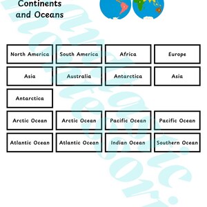 World/earth Continents and Oceans: Geography Labels for Montessori ...