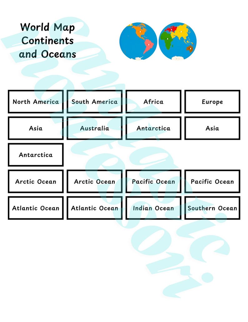 World/earth Continents and Oceans: Geography Labels for Montessori ...