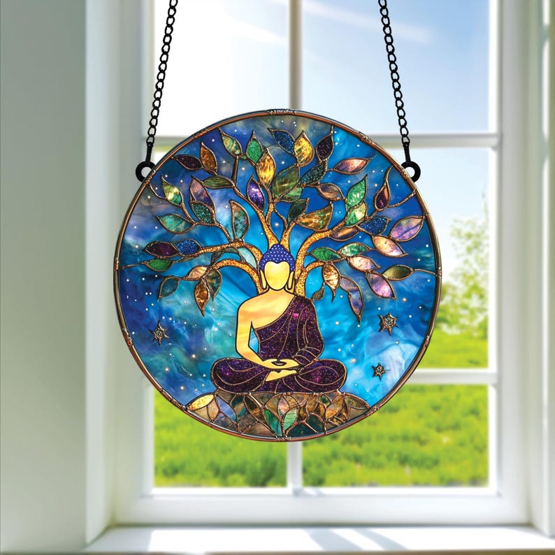 Buddha Stained Glass Suncatcher With Bodhi Tree and Blue Mandala Sky ...