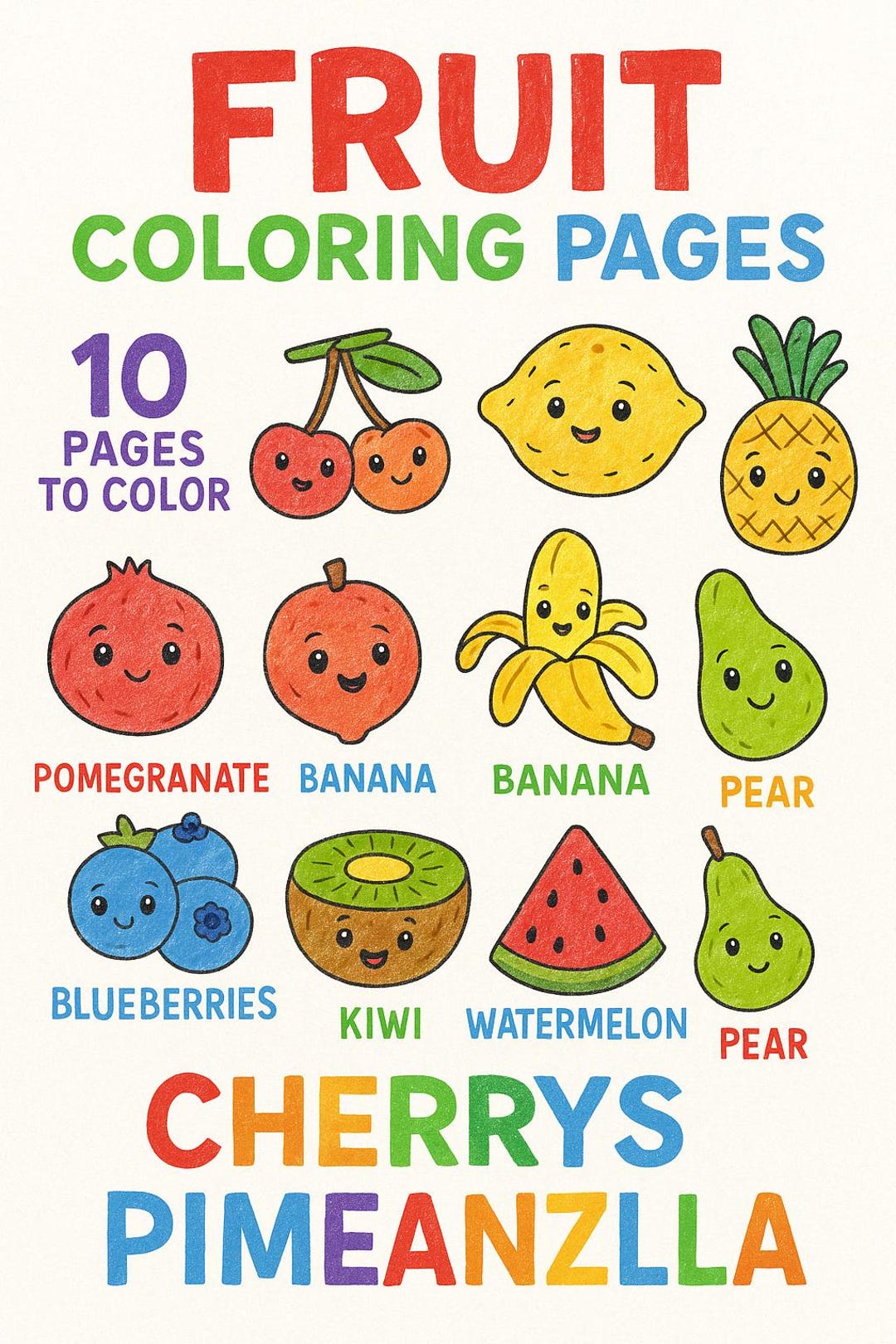 Fruit Coloring Pages for Kids – Printable PDF – 10 Cute Kawaii Doodle ...