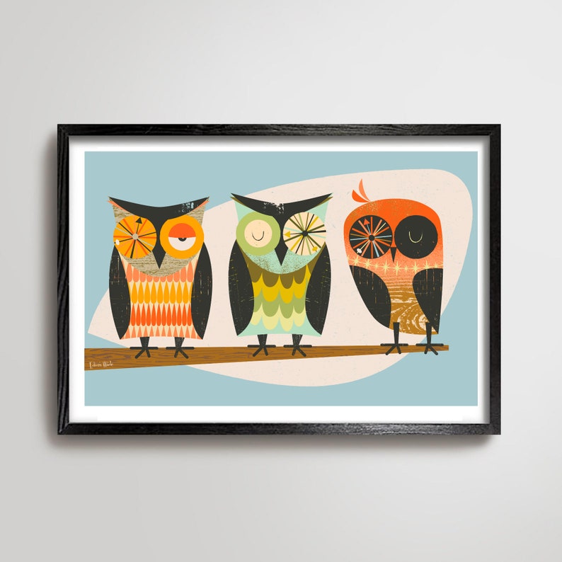 Mid Century Modern Owl Group Illustration - Etsy