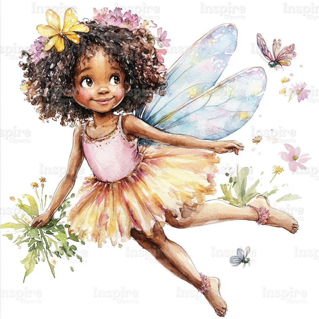 African American Flower Fairy Clipart: Watercolor Illustration (digital ...