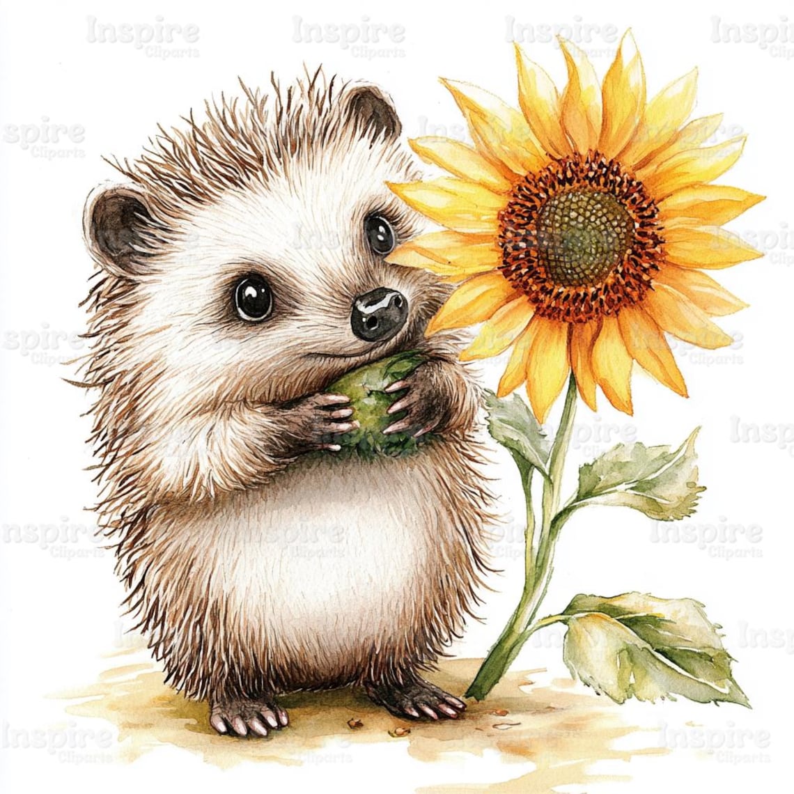 Hedgehog Clipart Set: Sunflower Cartoon Watercolor (digital Download ...