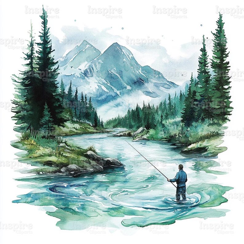 15 Angler Fish Clipart, River Fishing in the Mountains, Printable Watercolor Clipart, High ...
