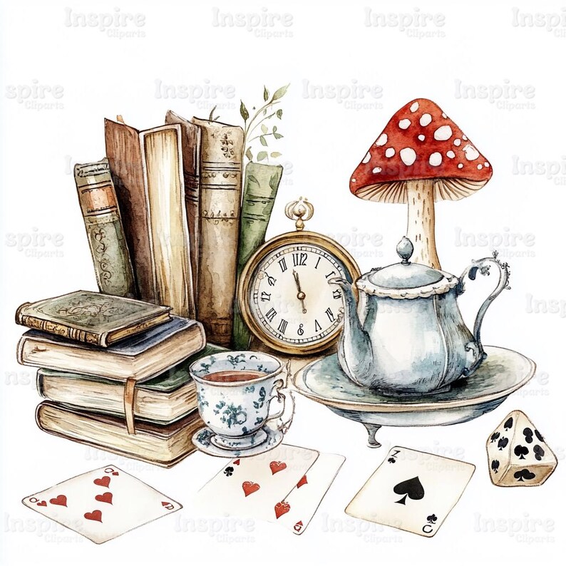 15 Wonderland Watercolor Clipart: Mad Hatter Tea Party Graphics ...