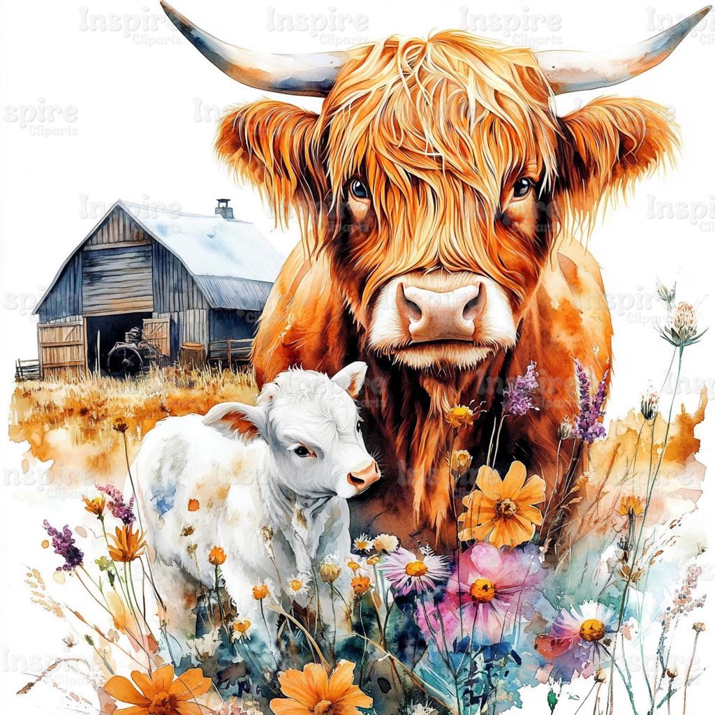 Highland Cow Watercolor Clipart: Farm Animal Jpegs (digital Download ...