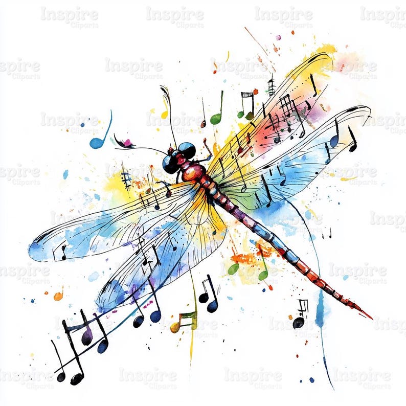 Dragonfly Music Notes Clipart: Watercolor Wall Art (digital Download ...