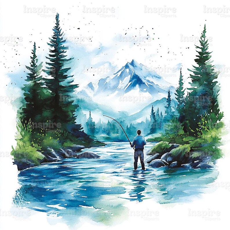 15 Angler Fish Clipart, River Fishing in the Mountains, Printable Watercolor Clipart, High ...