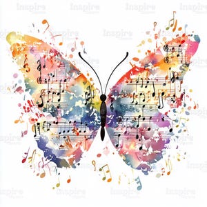 15 Butterfly Music Notes Clipart, Wall Art Print, Printable Watercolor ...