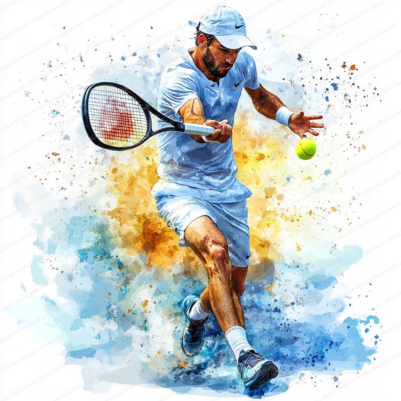 Watercolor Tennis Player Clipart: Athlete Serve Design (JPG Files ...