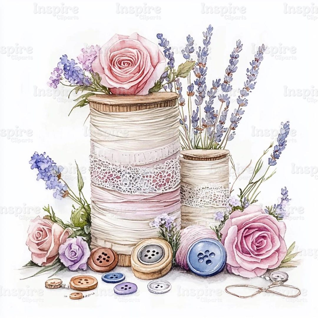 15 Retro Thread Spools Clipart, Sewing Kit With Flowers, Printable ...