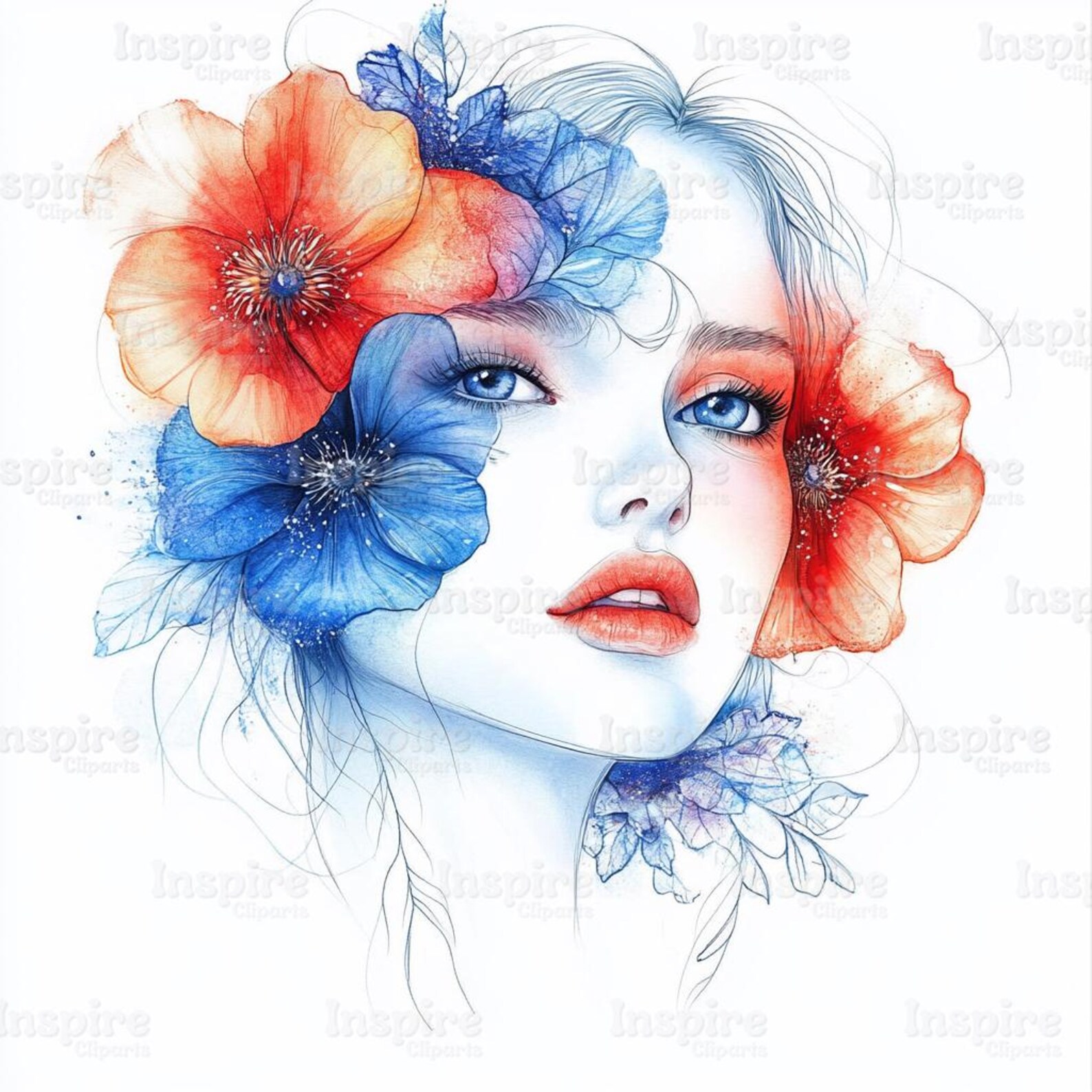 Floral Woman Face Clipart Set, Vibrant Abstract Flower Prints, Delicate ...