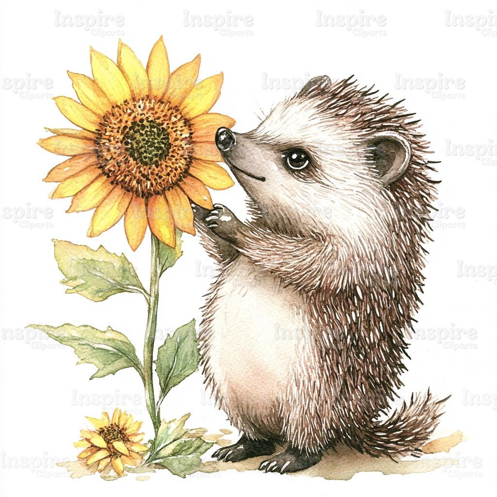 Hedgehog Clipart Set: Sunflower Cartoon Watercolor (digital Download ...