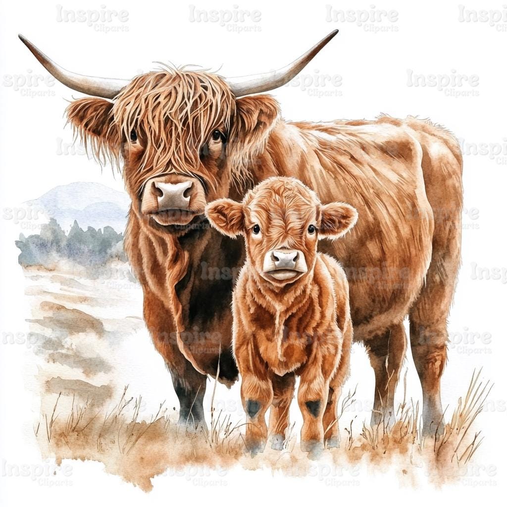 Highland Cow Watercolor Clipart: Farm Animal Jpegs (digital Download ...