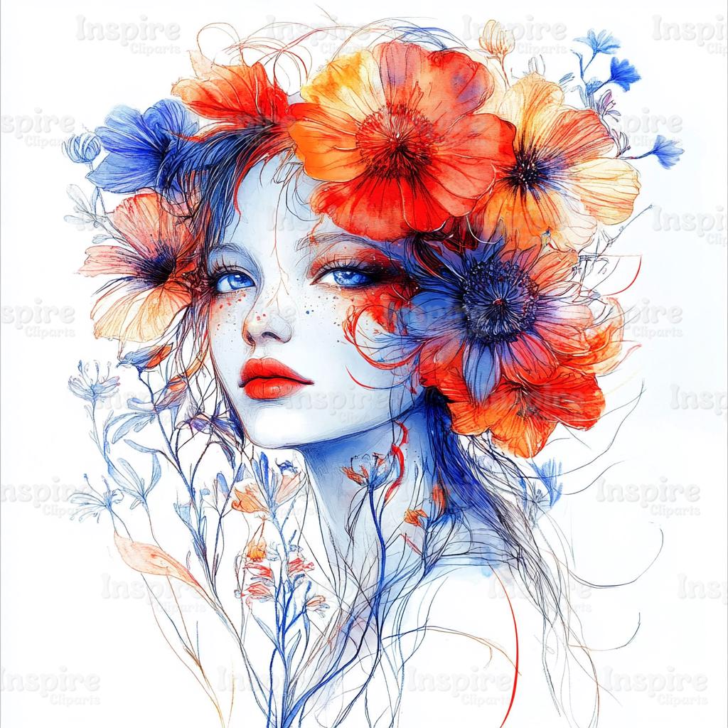 Floral Woman Face Clipart Set, Vibrant Abstract Flower Prints, Delicate ...