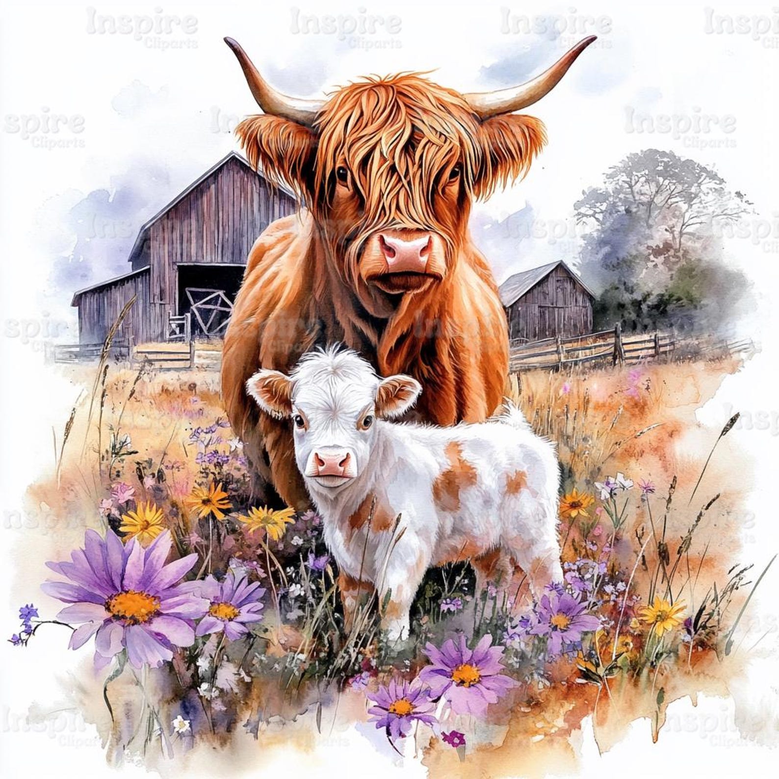 Highland Cow Watercolor Clipart: Farm Animal Jpegs (digital Download ...