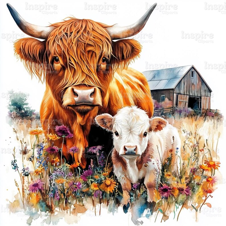 Highland Cow Watercolor Clipart: Farm Animal Jpegs (digital Download ...