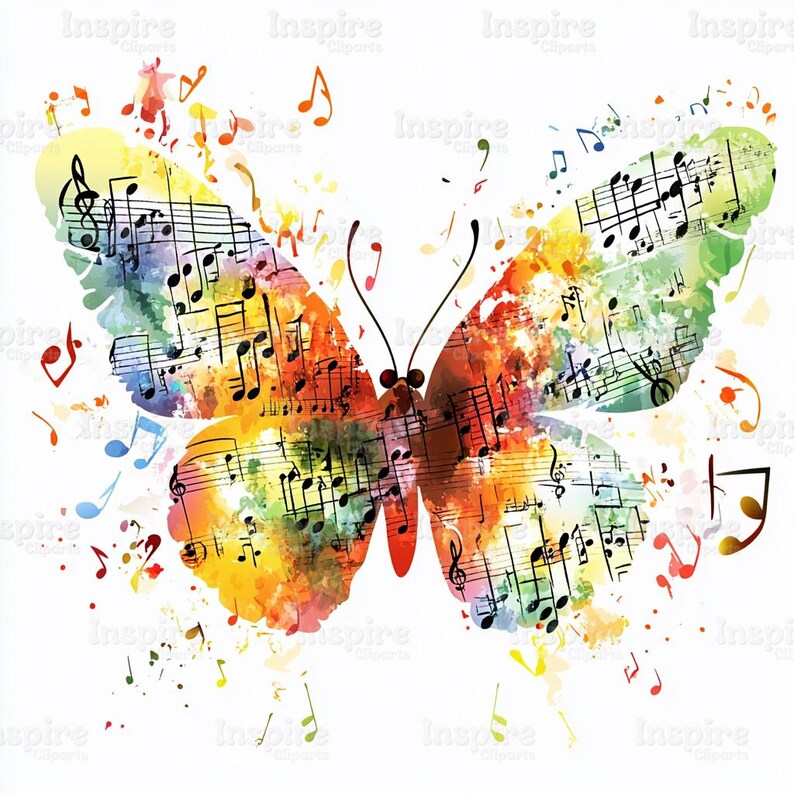 15 Butterfly Music Notes Clipart, Wall Art Print, Printable Watercolor ...
