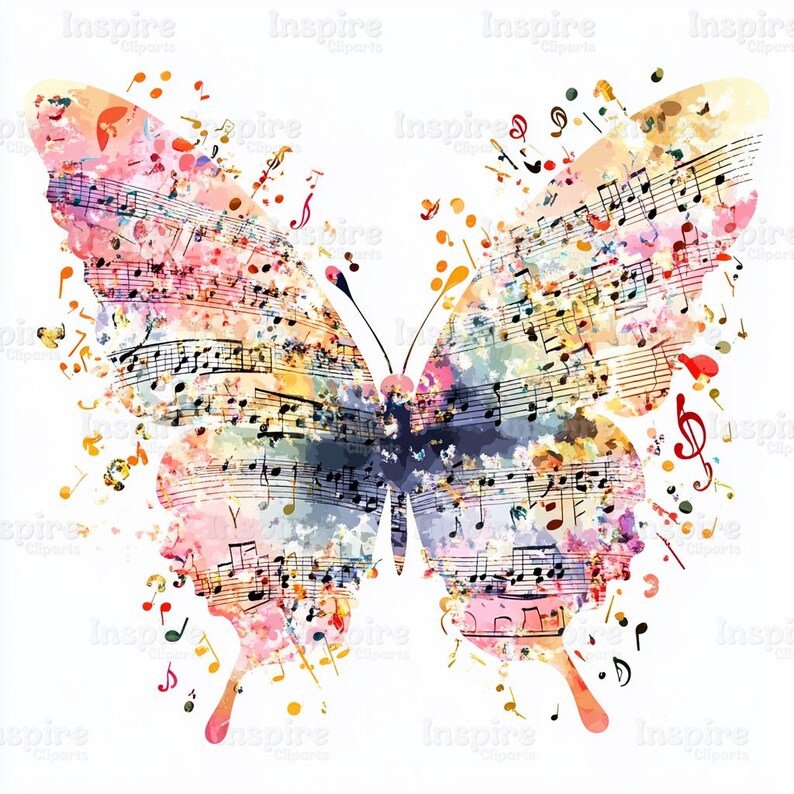 15 Butterfly Music Notes Clipart, Wall Art Print, Printable Watercolor ...