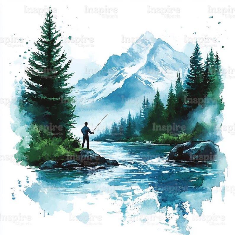 15 Angler Fish Clipart, River Fishing in the Mountains, Printable Watercolor Clipart, High ...