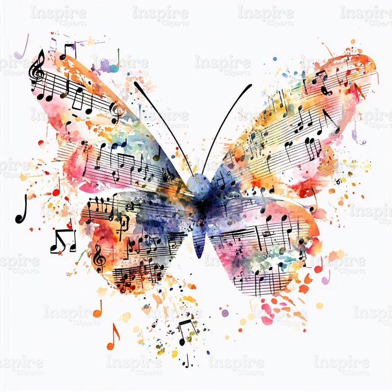 15 Butterfly Music Notes Clipart, Wall Art Print, Printable Watercolor ...