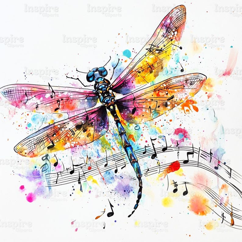 Dragonfly Music Notes Clipart: Watercolor Wall Art (digital Download ...