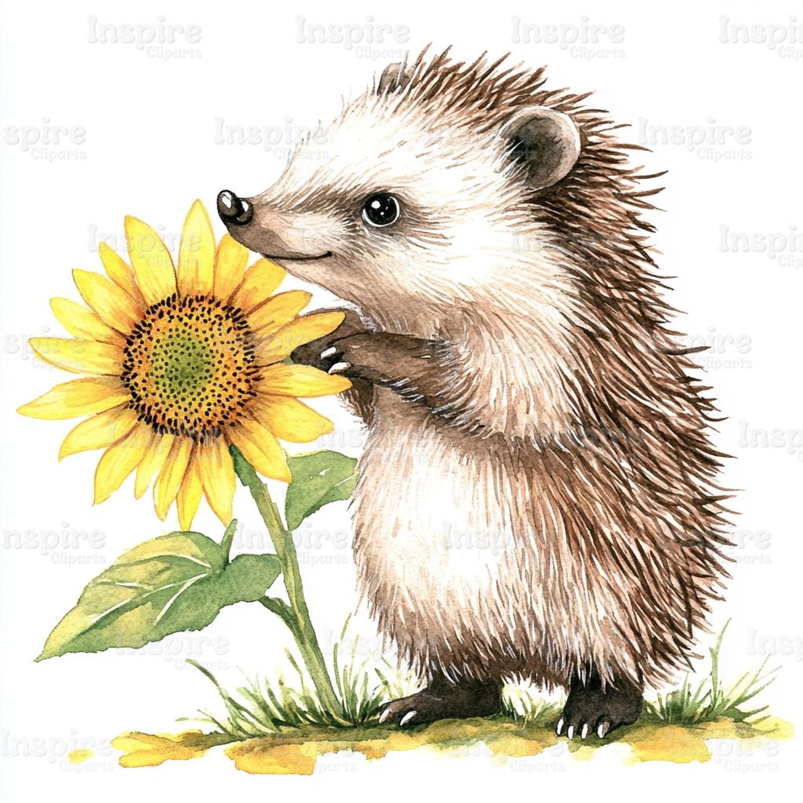 Hedgehog Clipart Set: Sunflower Cartoon Watercolor (digital Download ...