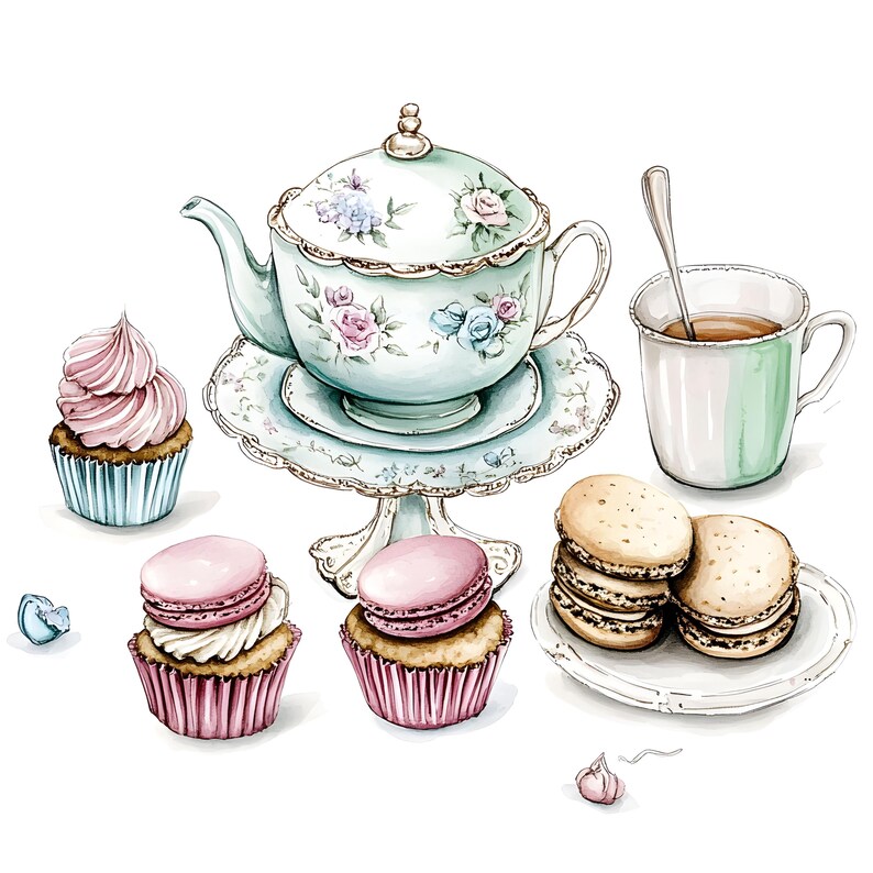 15 Stylish Tea Cup Clipart, English Tea Party, Printable Watercolor ...