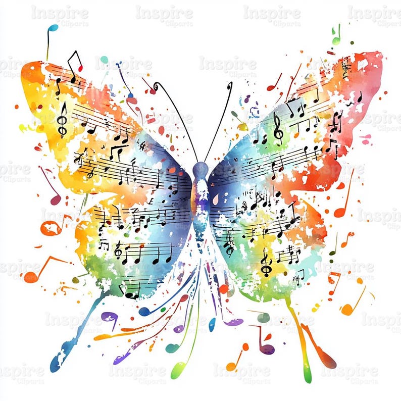 15 Butterfly Music Notes Clipart, Wall Art Print, Printable Watercolor ...