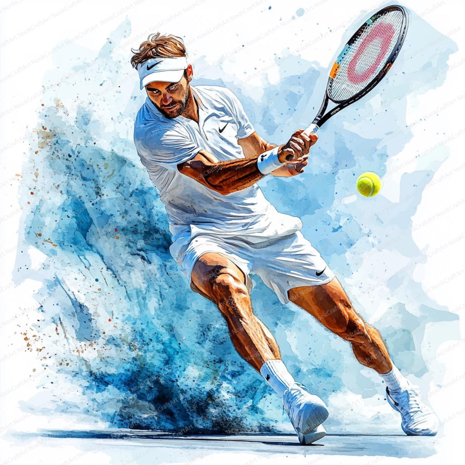 Watercolor Tennis Player Clipart: Athlete Serve Design (JPG Files ...