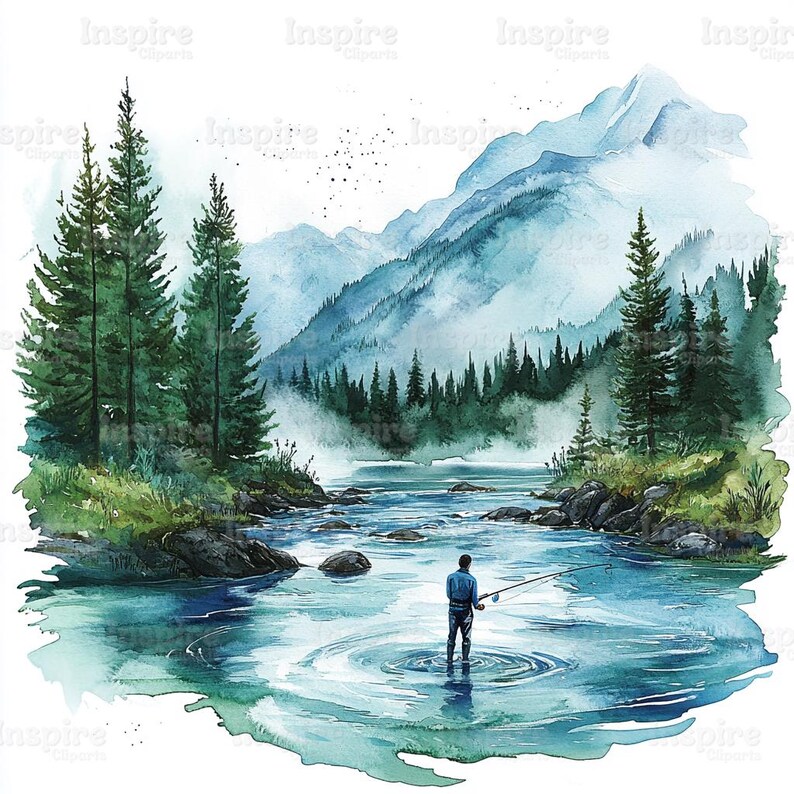 15 Angler Fish Clipart, River Fishing in the Mountains, Printable Watercolor Clipart, High ...