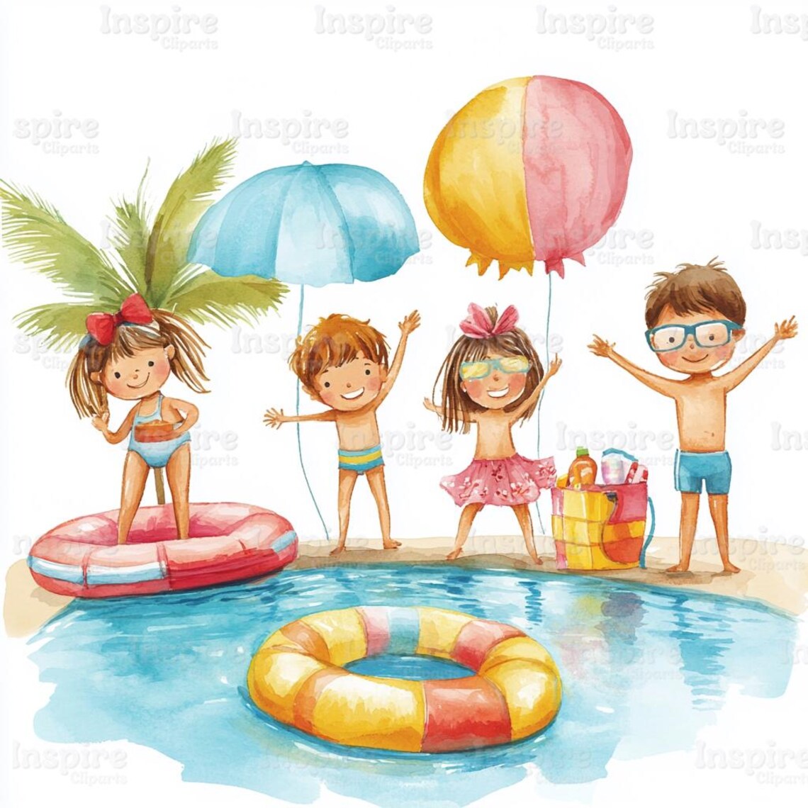 Pool Party Watercolor Clipart Set: Children's Artwork (digital Download ...