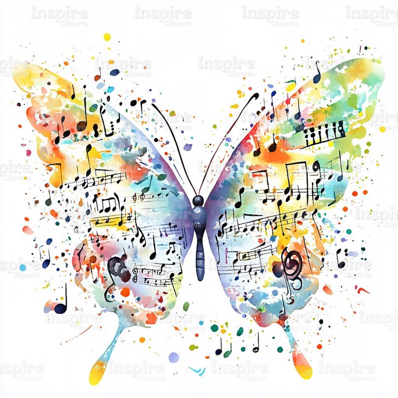 15 Butterfly Music Notes Clipart, Wall Art Print, Printable Watercolor ...