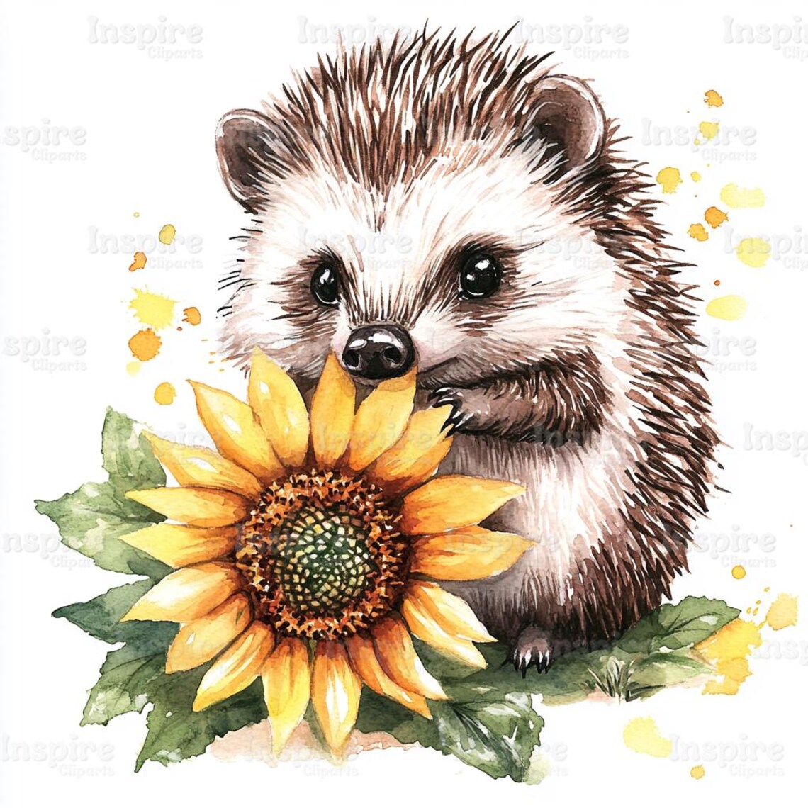Hedgehog Clipart Set: Sunflower Cartoon Watercolor (digital Download ...