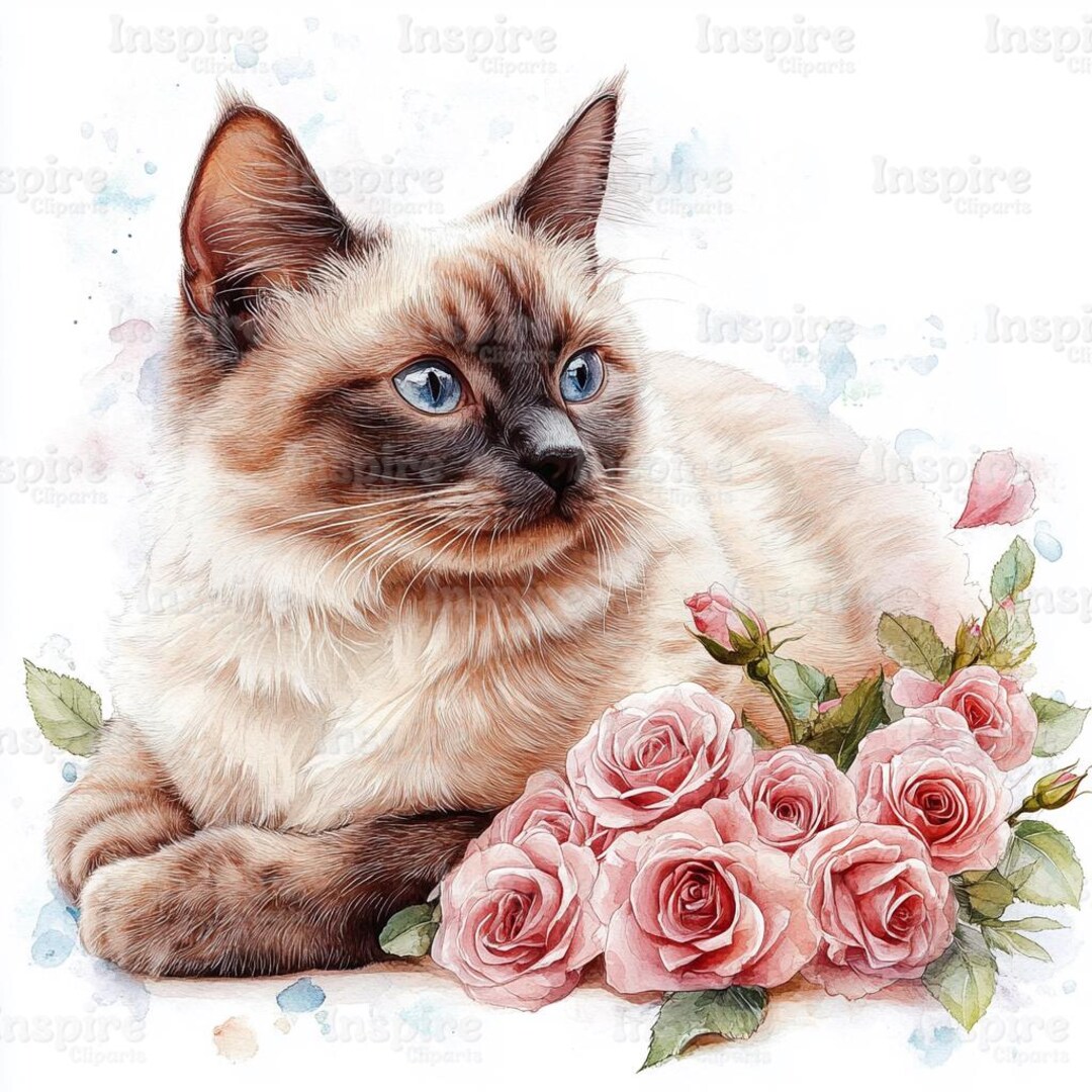 15 Floral Cat Illustrations, Cat Clipart, Cat in Roses, Printable ...