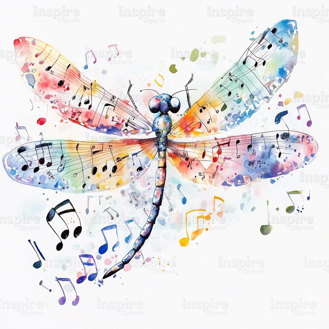 Dragonfly Music Notes Clipart: Watercolor Wall Art (digital Download ...