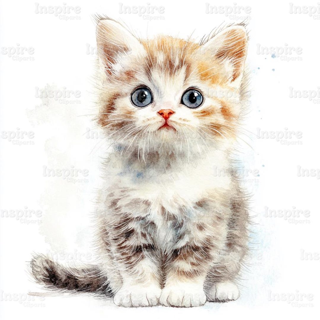Fluffy Kitten Watercolor Clipart, Kitten Art Prints (digital Download ...