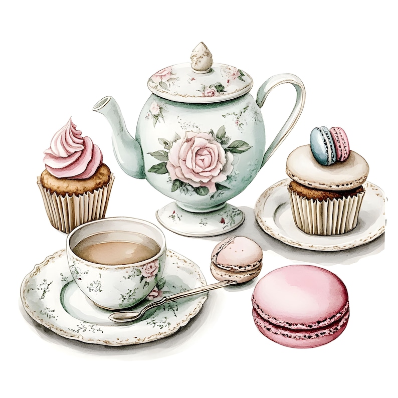 15 Stylish Tea Cup Clipart, English Tea Party, Printable Watercolor ...
