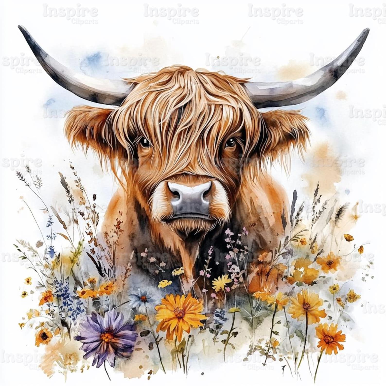 Highland Cow Watercolor Clipart: Farm Animal Jpegs (digital Download ...