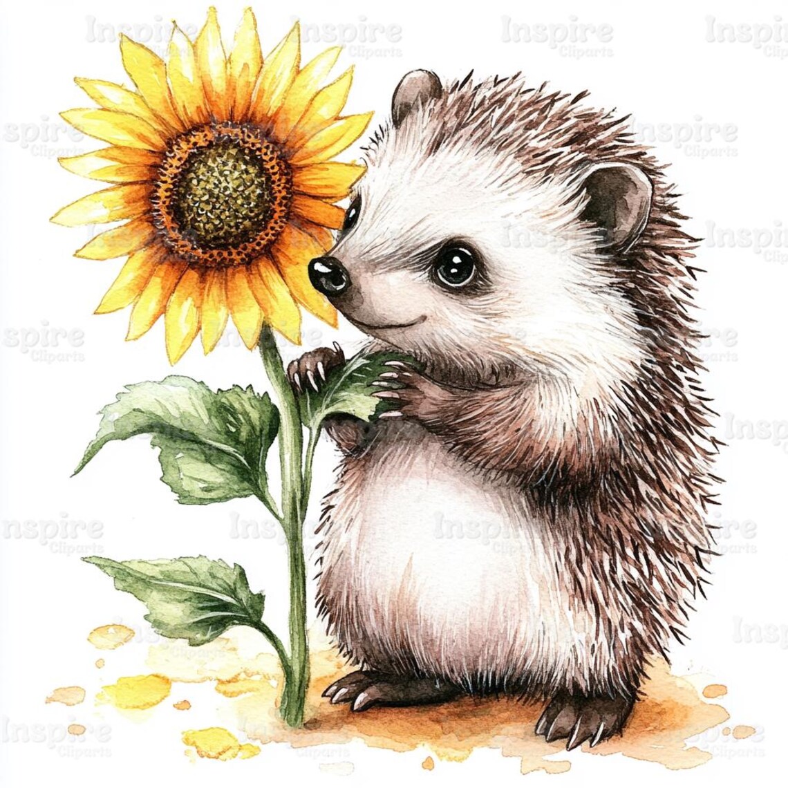 Hedgehog Clipart Set, Sunflower Cartoon Hedgehog, Printable Watercolor ...