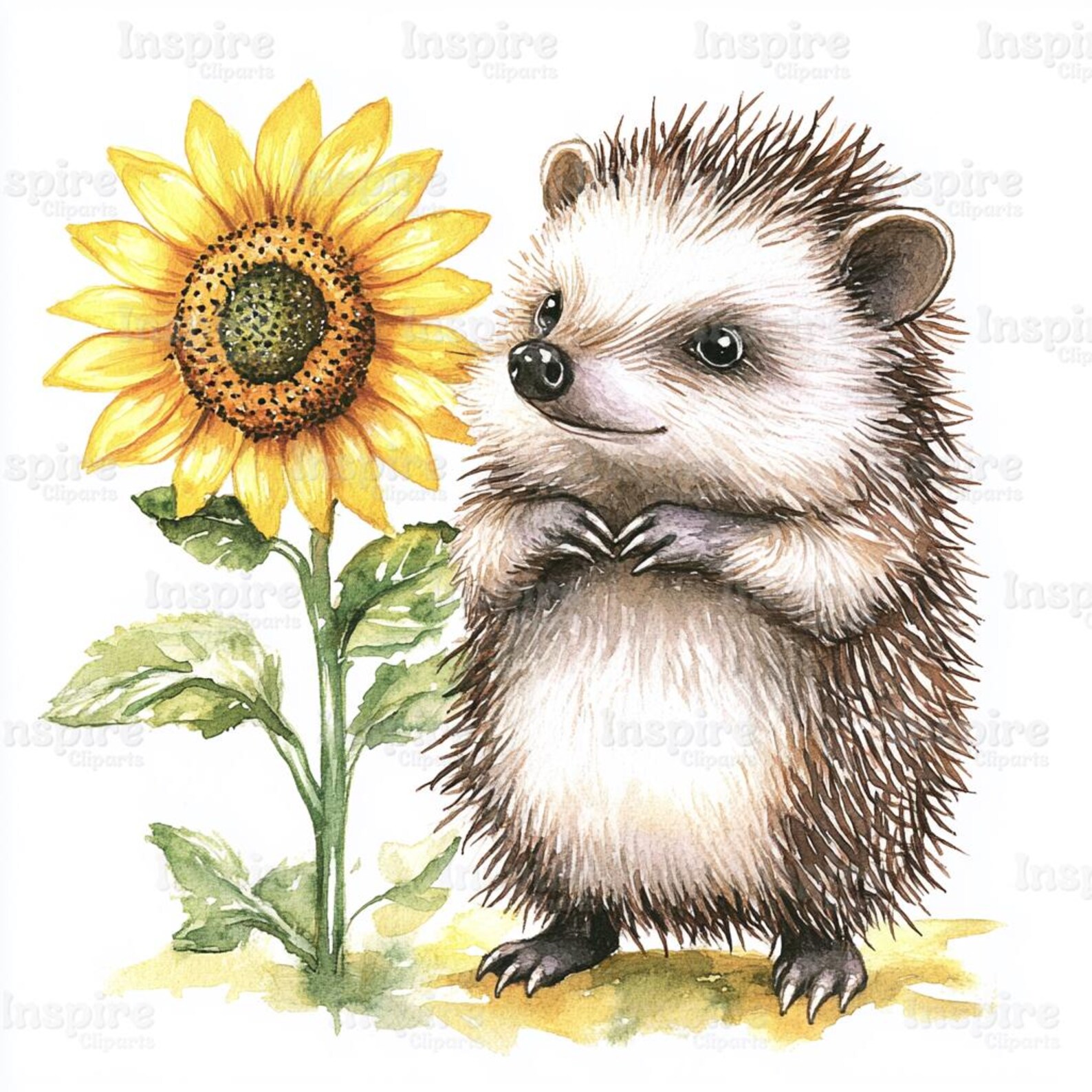 Hedgehog Clipart Set: Sunflower Cartoon Watercolor (digital Download ...
