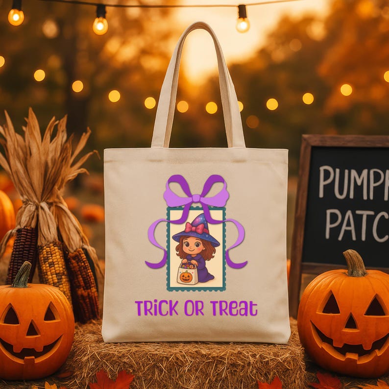 Halloween Trick or Treat Cotton Canvas Tote Bag, Witch Postage Stamp ...