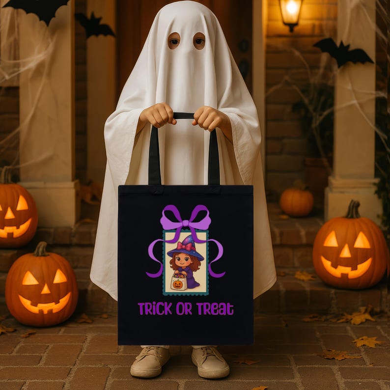 Halloween Trick or Treat Cotton Canvas Tote Bag, Witch Postage Stamp ...